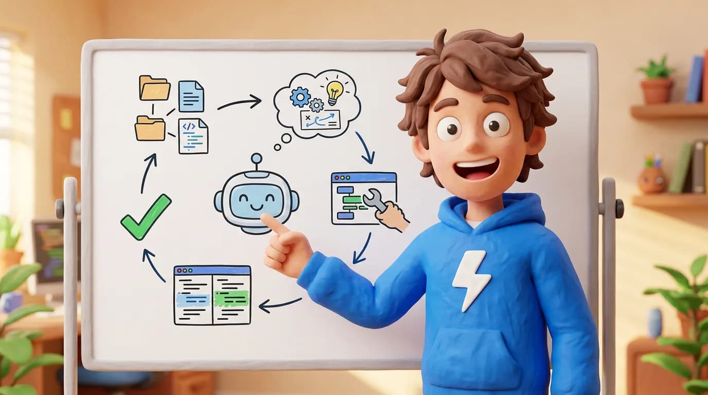 Diagram of Claude Code's agentic loop: reading files, planning changes, executing, and showing a diff for review