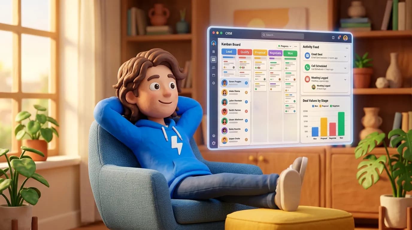 The finished custom CRM — pipeline stages you defined, contact fields you chose, reports that matter to your team