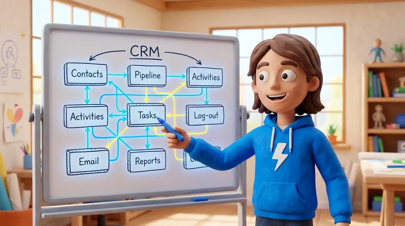 The 6 components of a functional CRM — contacts, pipeline, activities, tasks, email integration, and reporting