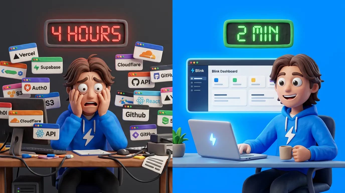 Deploy with the old stack (6 services, 4 hours) vs Blink (1 platform, 2 minutes)