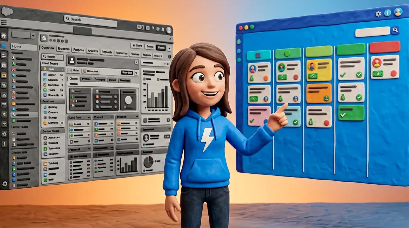 Custom Blink CRM (right) vs enterprise Salesforce complexity (left) — same core functionality, fraction of the cost