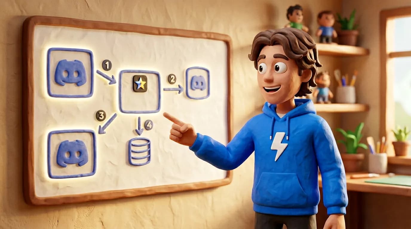 How a Discord bot backend works: events flow through Blink's backend, which reads/writes a database and responds via Discord's API