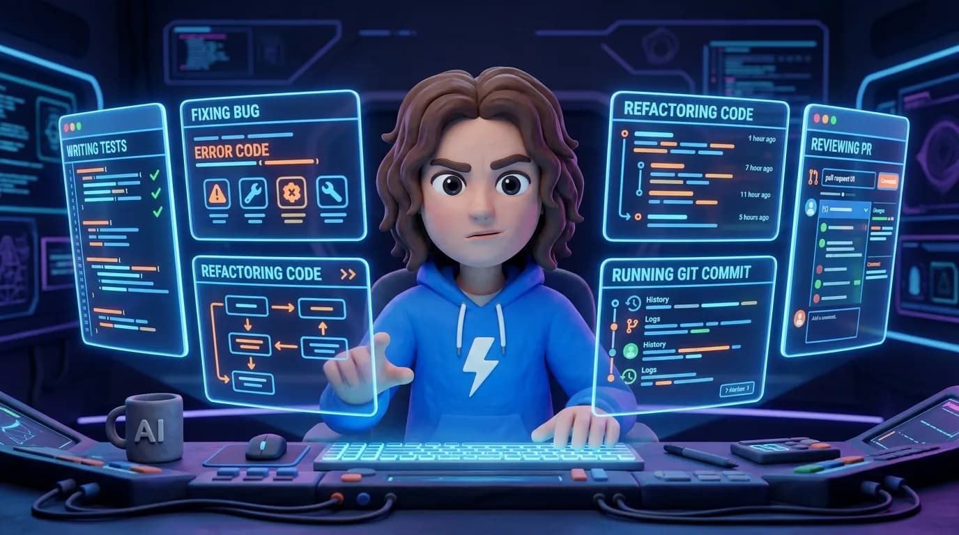 Agentic coding in action — five autonomous tasks running in parallel while the developer reviews the plan
