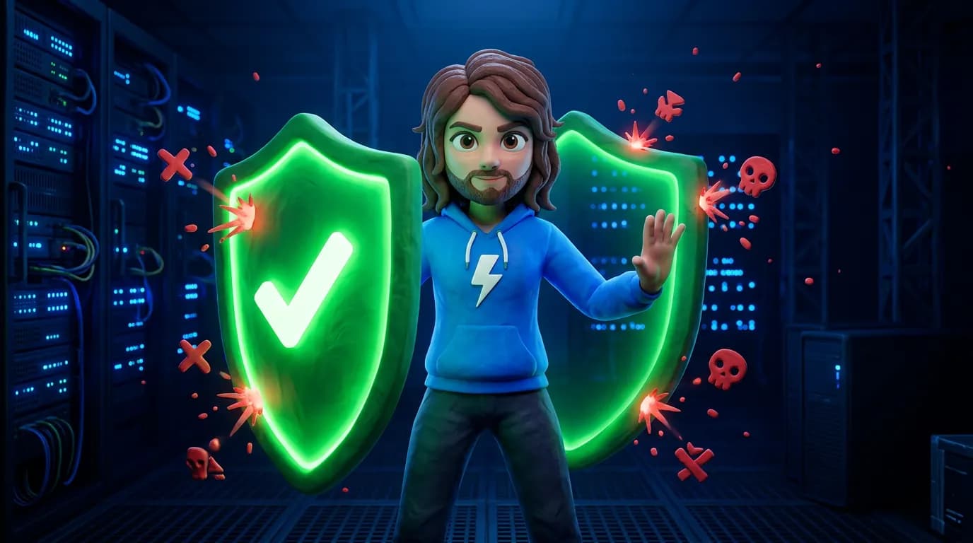 Security in action — the developer stands behind a glowing green shield blocking threat particles, confident protective stance in a dark server room