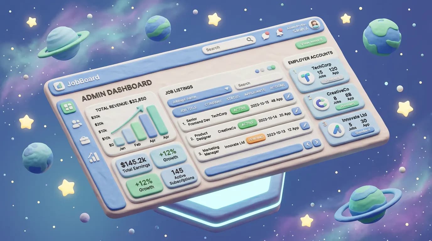 Job board admin panel showing listings, employer accounts, and monthly revenue