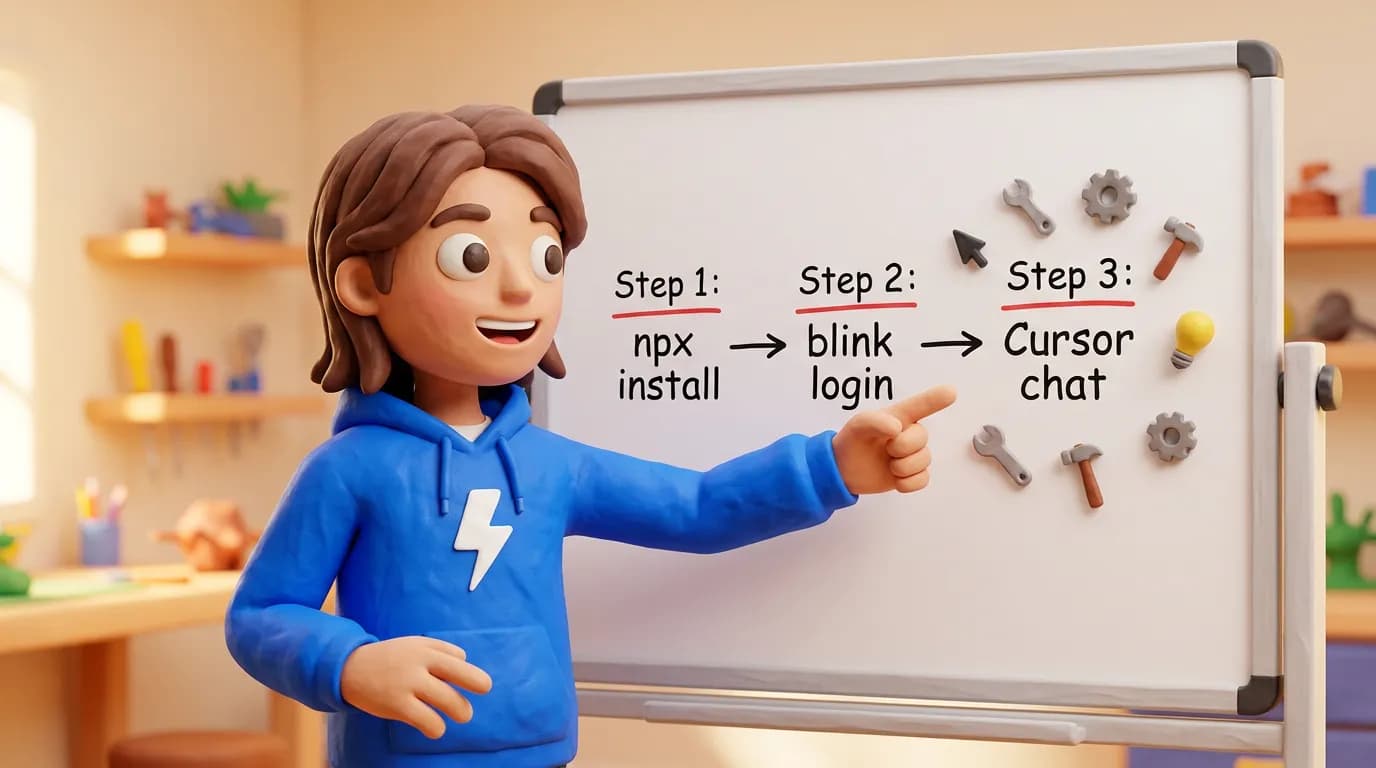The three-step Blink Cloud setup: install the plugin, authenticate, then ask Cursor to build