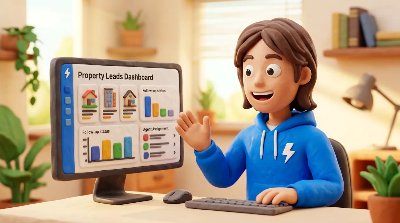 O painel de gerenciamento de leads que seu site imobiliário obtém automaticamente — cada consulta rastreada por propriedade com detalhes de contato e status de acompanhamento