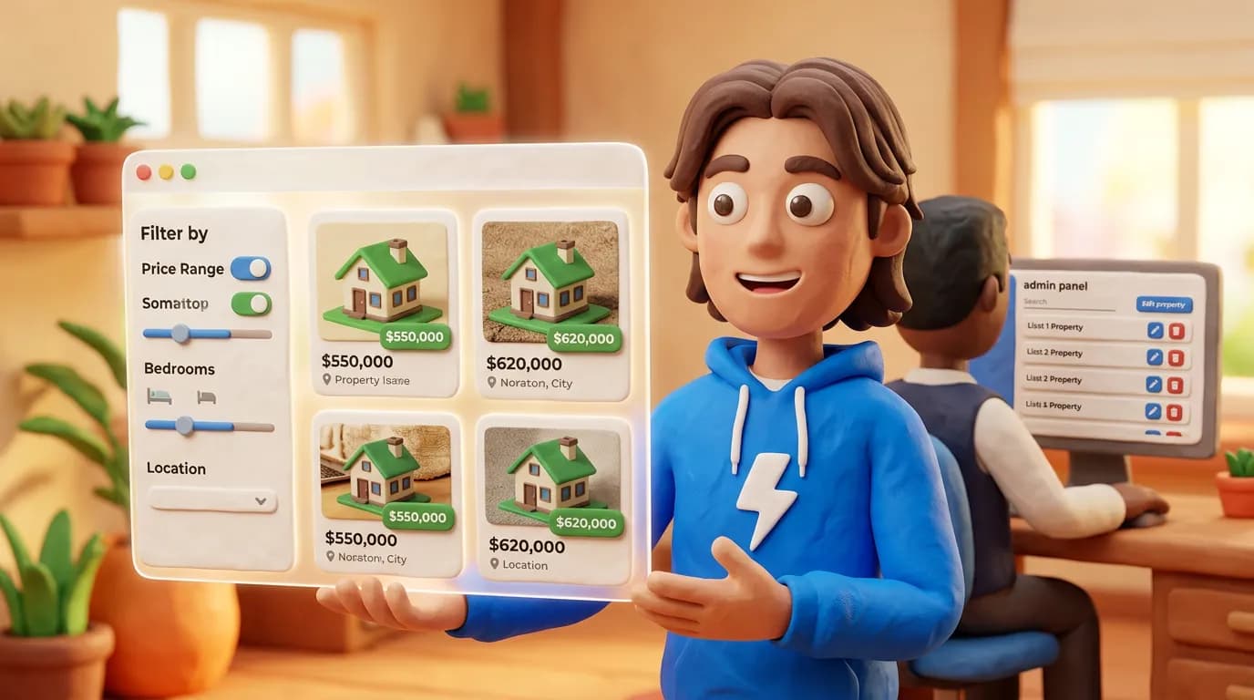 Construindo um site imobiliário com IA — Blink provisiona automaticamente o banco de dados de propriedades, filtros de pesquisa, formulários de leads e painel de administração