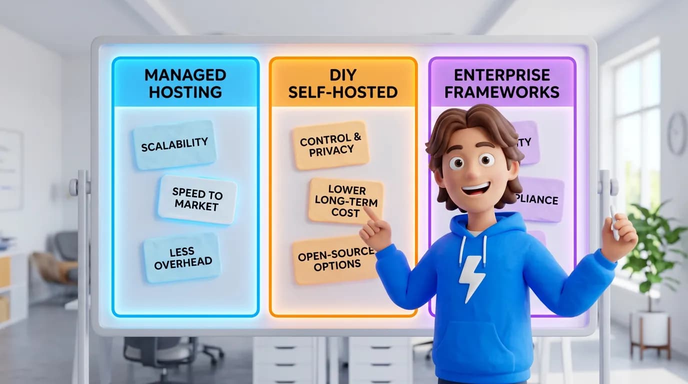 Three categories of OpenClaw alternatives compared: managed hosting gives you zero DevOps overhead, DIY forks give you full control, enterprise frameworks serve a completely different use case