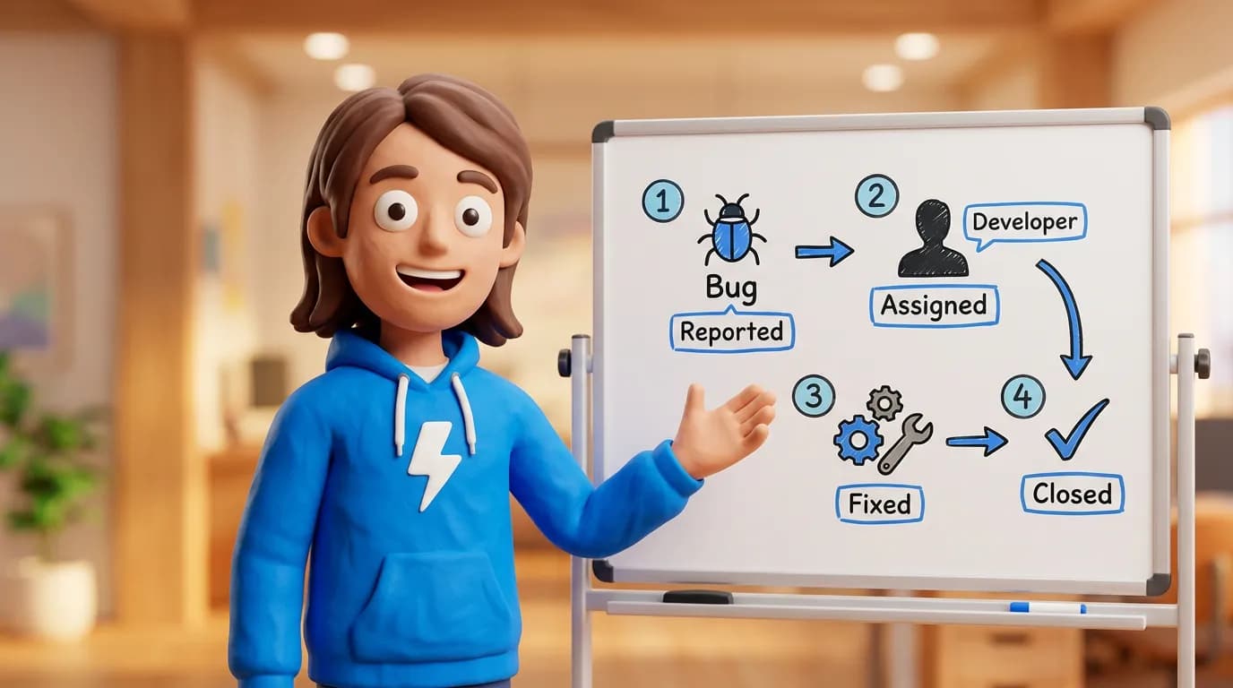 Bug tracker workflow — from issue creation to resolution in a custom-built tool