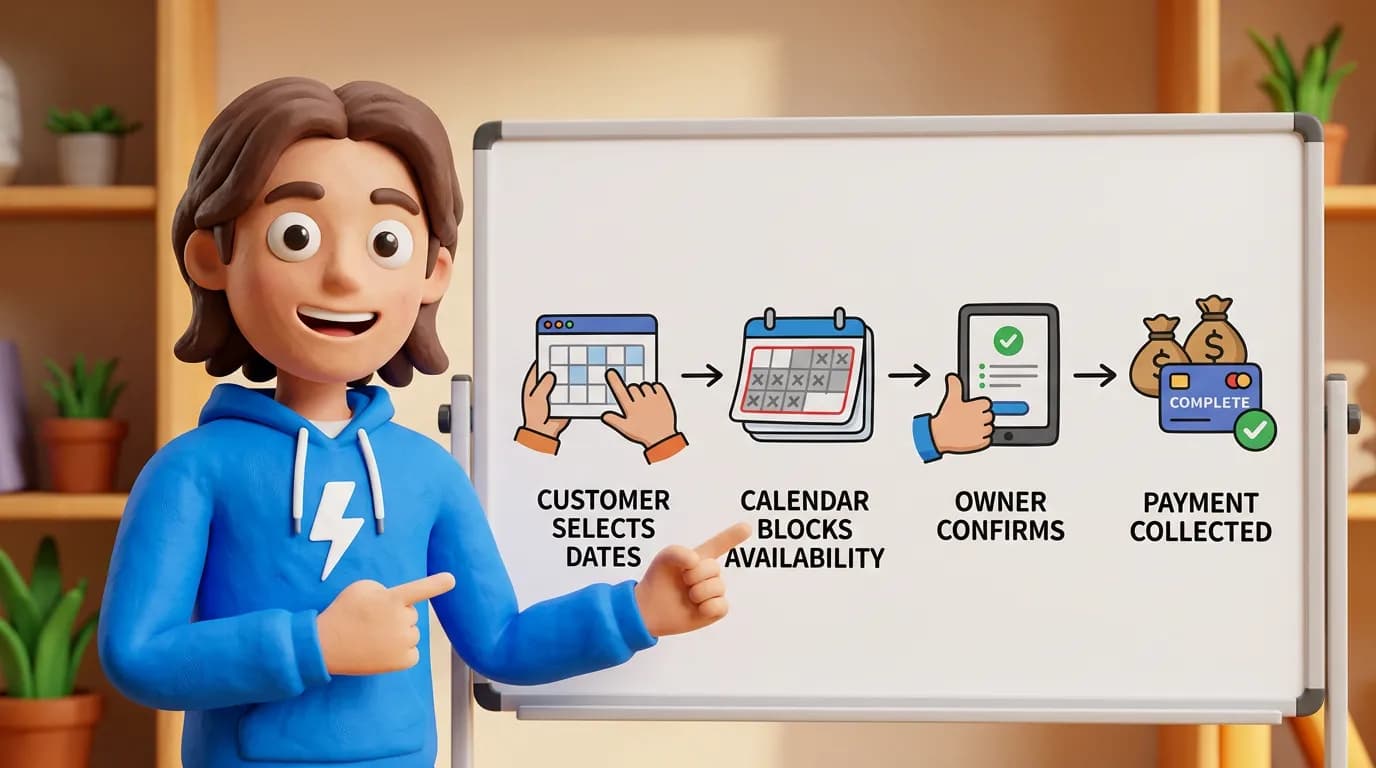 Travel booking app workflow — availability calendar to confirmation to payment, the complete booking loop
