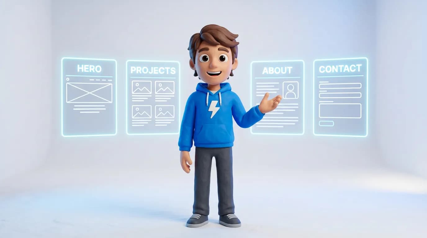 Portfolio website sections: hero, about, contact, testimonials