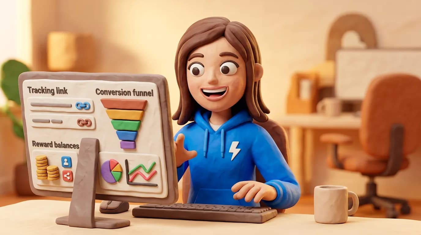 Referral program dashboard tracking links, conversions, and rewards