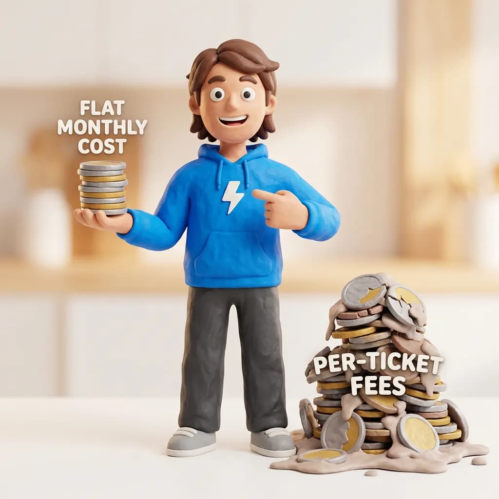 The build-vs-buy math: per-ticket SaaS fees compound across events while a custom Blink-built platform has a flat monthly cost
