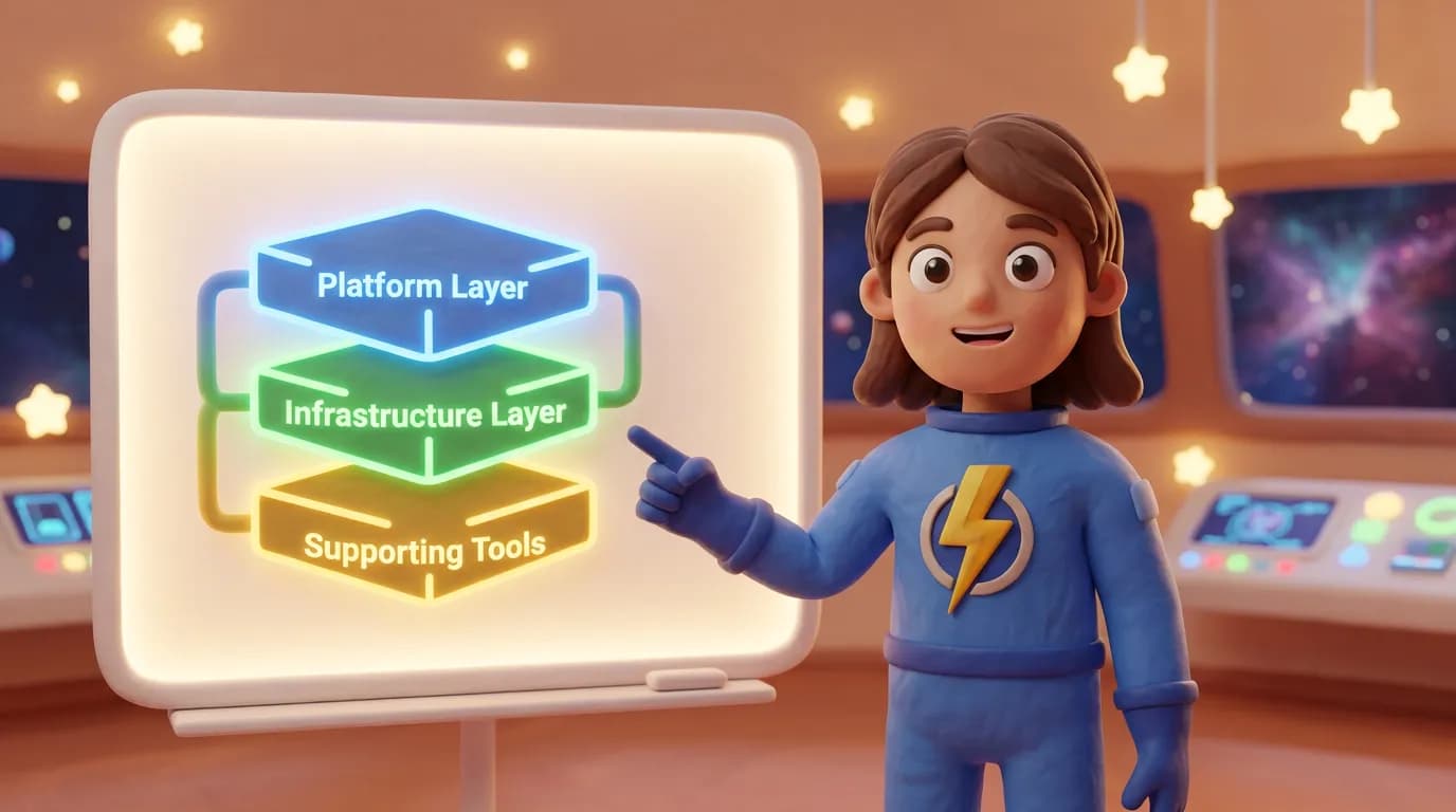 The vibe coding stack layers — platform tools, infrastructure layer, and supporting tools — each with different tradeoffs