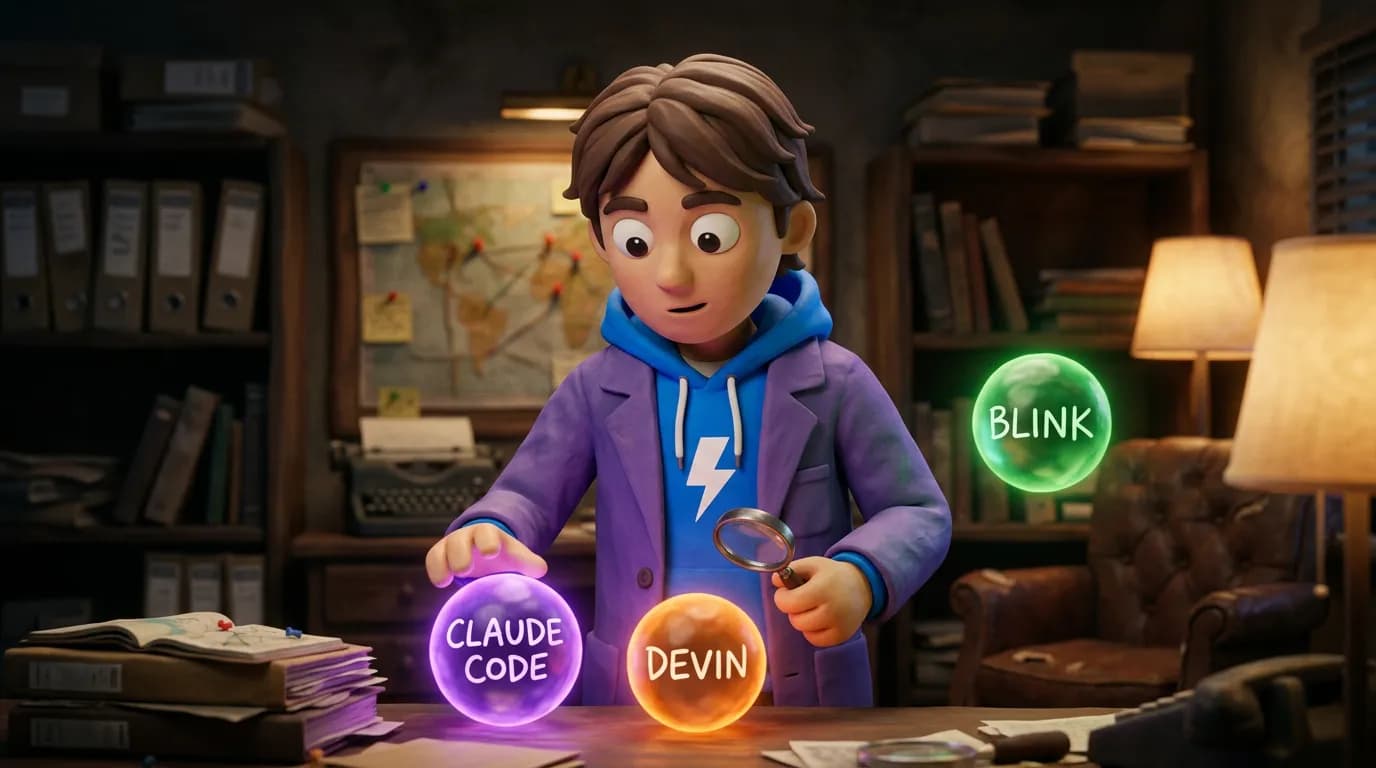 Clay detective comparing Claude Code vs Devin vs Blink — three AI coding options side by side