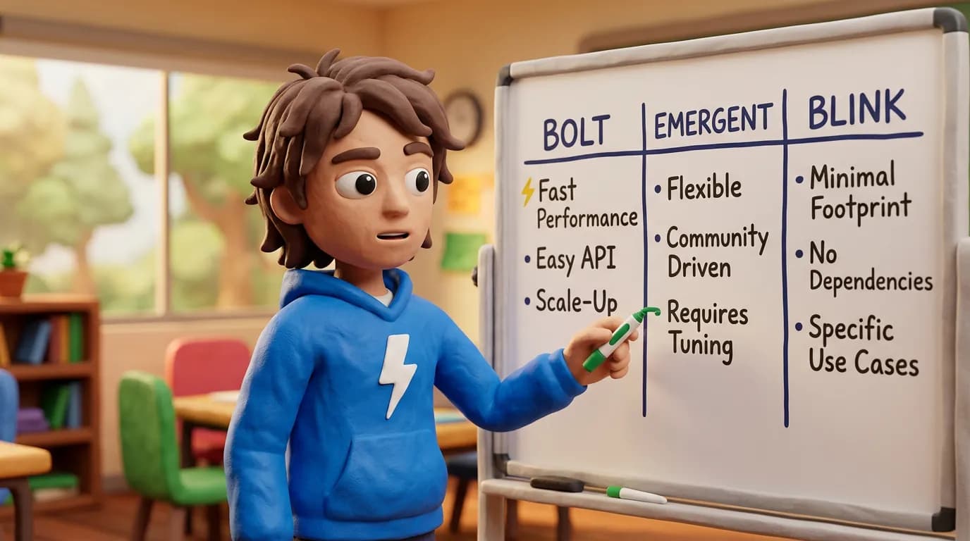 Visual comparison of Bolt vs Emergent vs Blink feature matrix