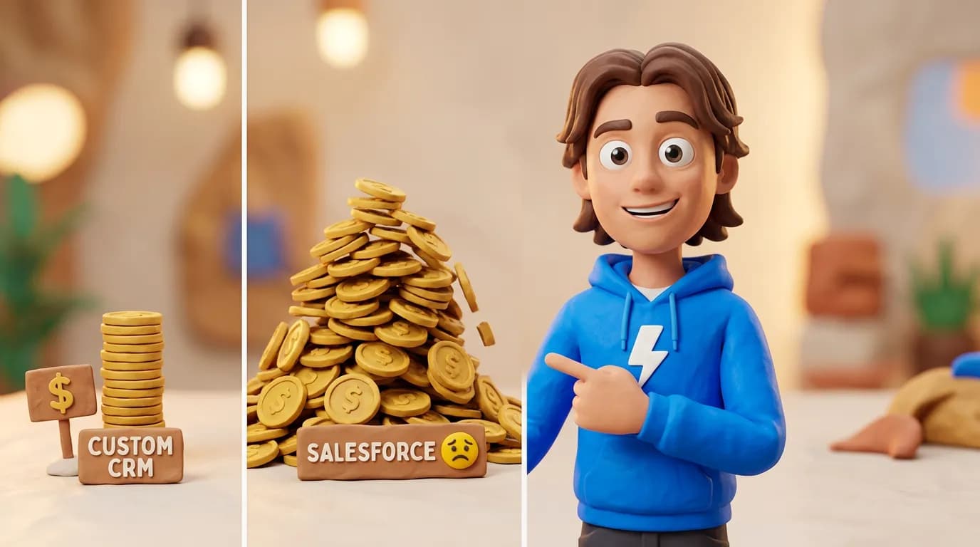 Custom CRM cost comparison: small coin stack for custom Blink CRM versus a giant pile for enterprise CRM pricing