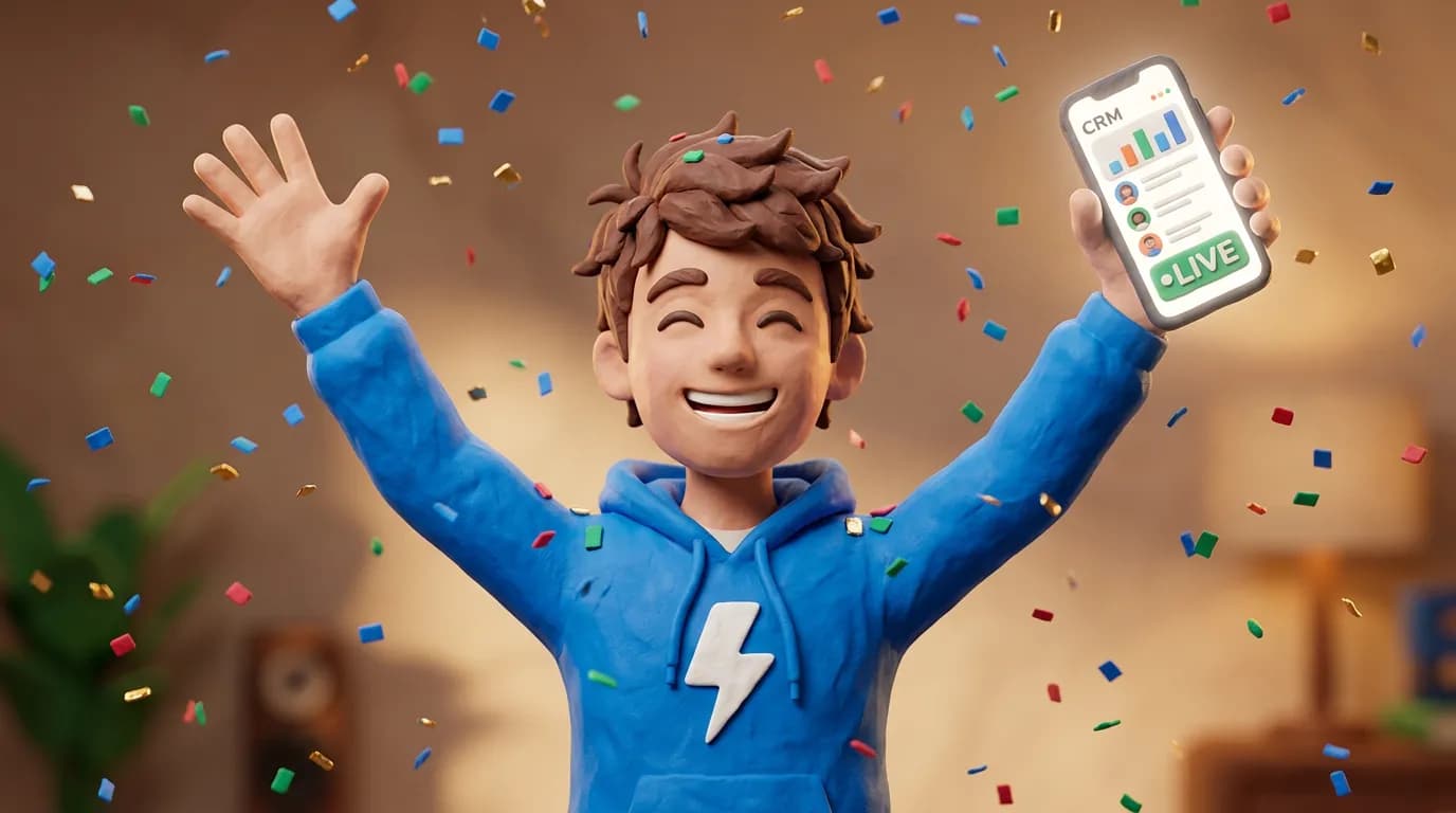 Developer celebrating with completed CRM app showing live dashboard with sales pipeline data