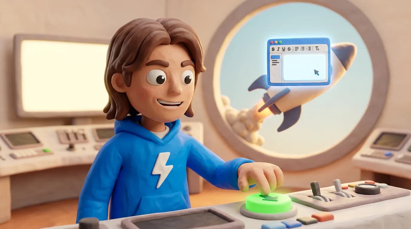 Clay character pressing a glowing green launch button, rocket launching in the background with a document editor UI on the nose cone