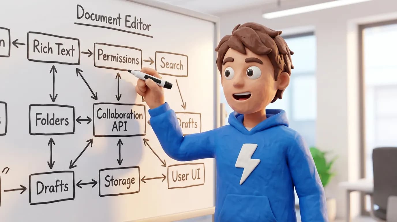 Clay character at a whiteboard diagramming a document editor with Rich Text, Permissions, Search, and Folders connected by arrows