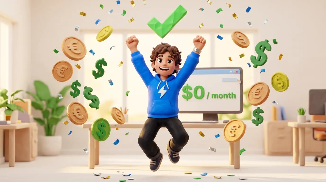 Clay character jumping in celebration surrounded by floating coins and a monitor showing $0/month in green