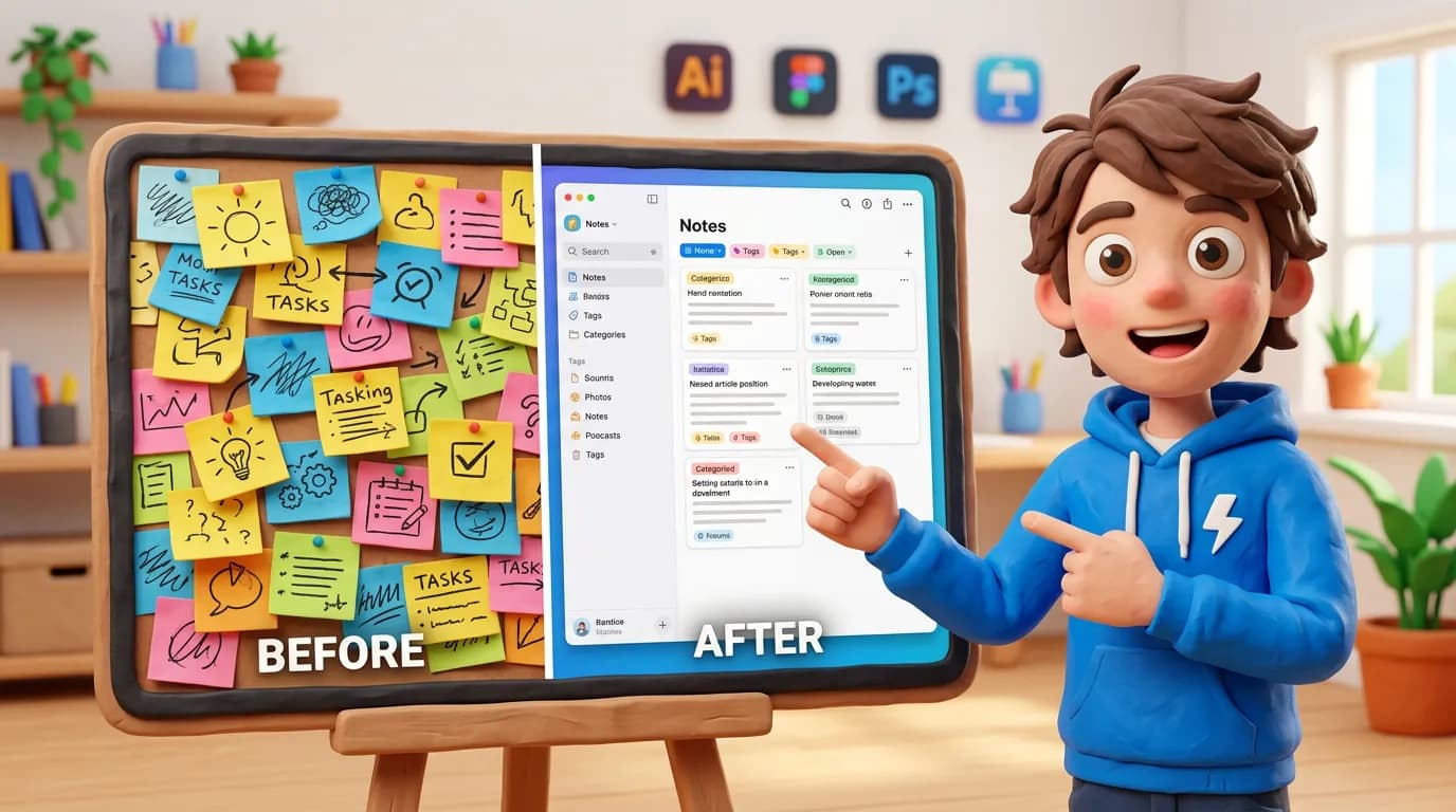 Before vs after: scattered sticky-note chaos vs a clean organized personal knowledge base