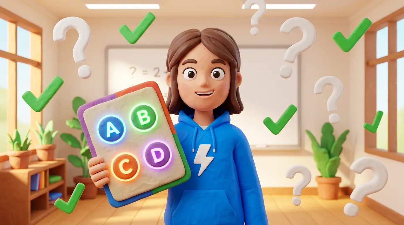 Clay character holding a giant quiz card with multiple choice options A, B, C, D glowing in bright colors, surrounded by floating question marks and checkmarks