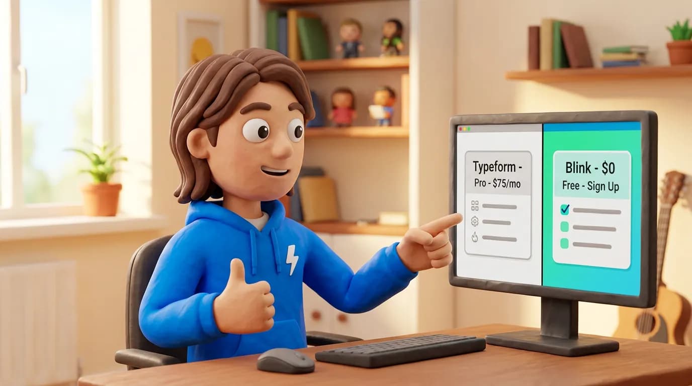 Clay character at a desk comparing Typeform pricing to Blink's $0, pointing at the Blink side with a satisfied thumbs-up