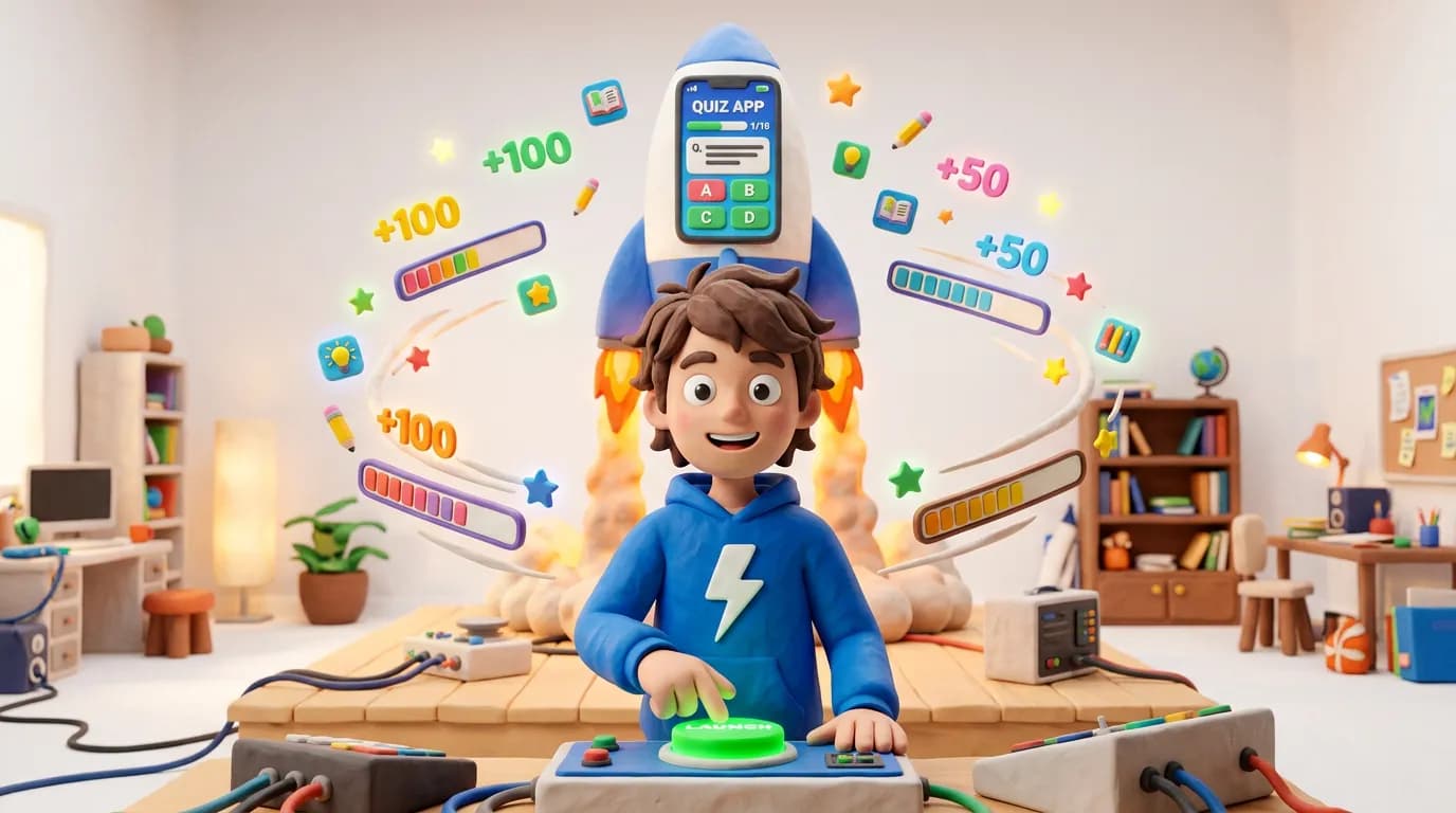 Clay character pressing a glowing green launch button, rocket launching with a quiz app UI displayed on the nose cone, score displays floating around it