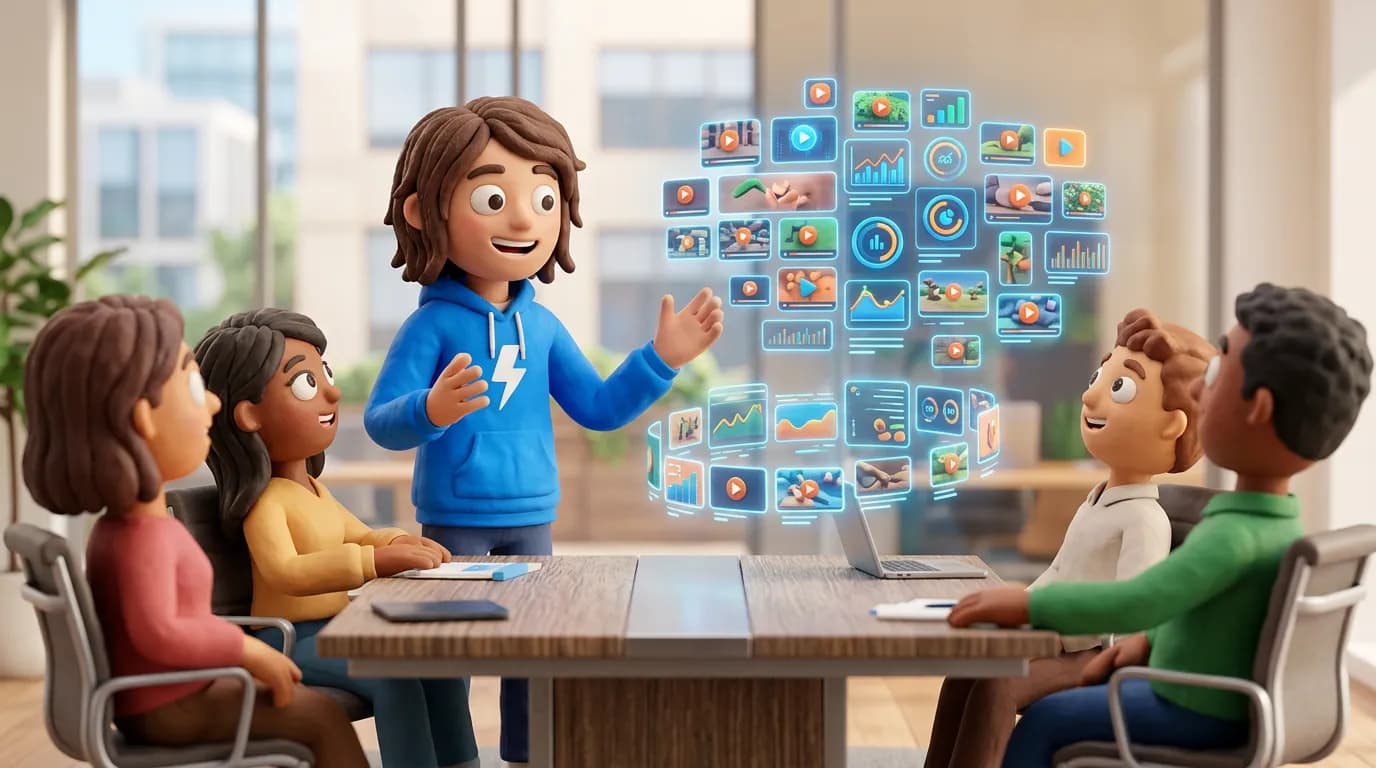 Team video library dashboard — organized by category, searchable, with view analytics