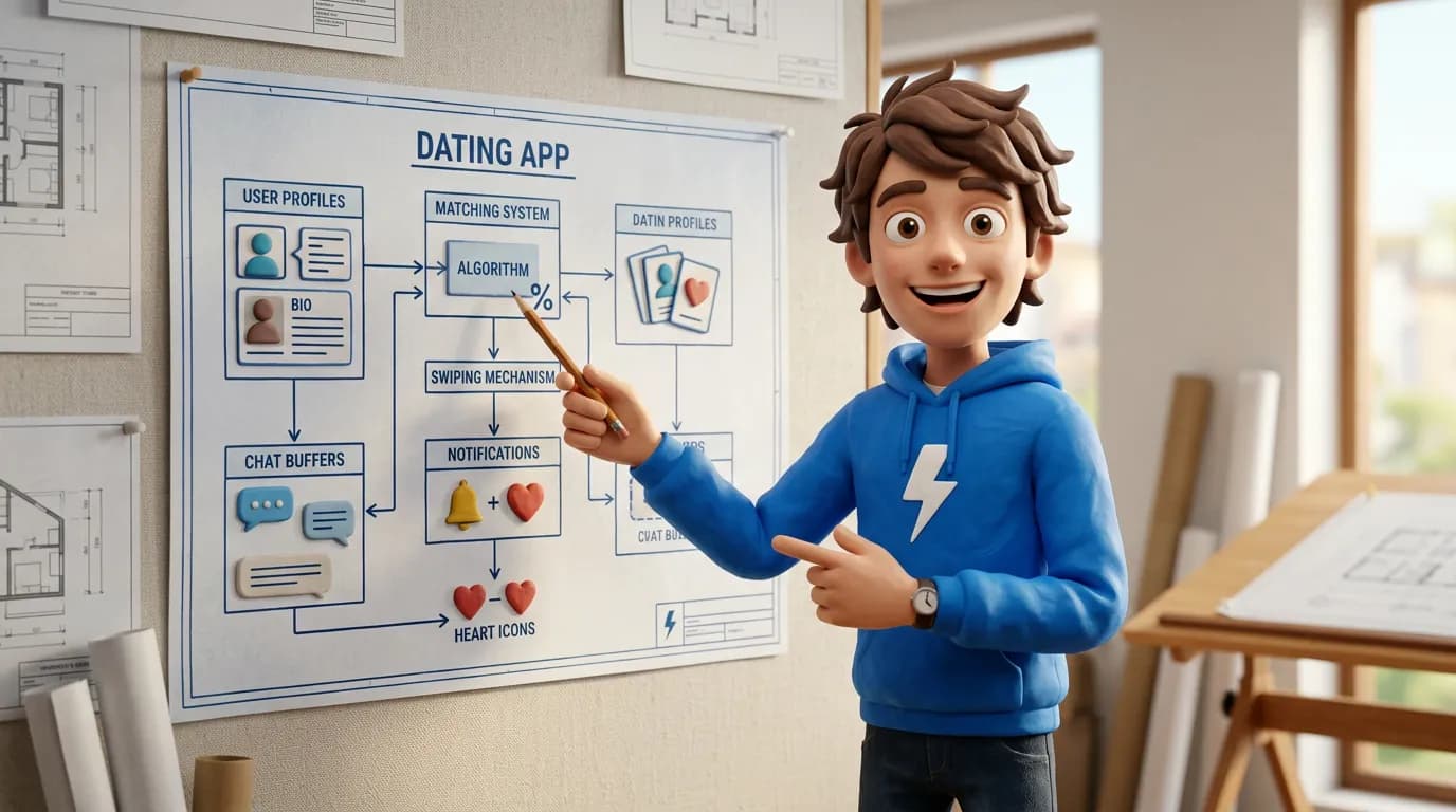 The core architecture of a dating app: profiles, matching algorithm, messaging, and photo storage