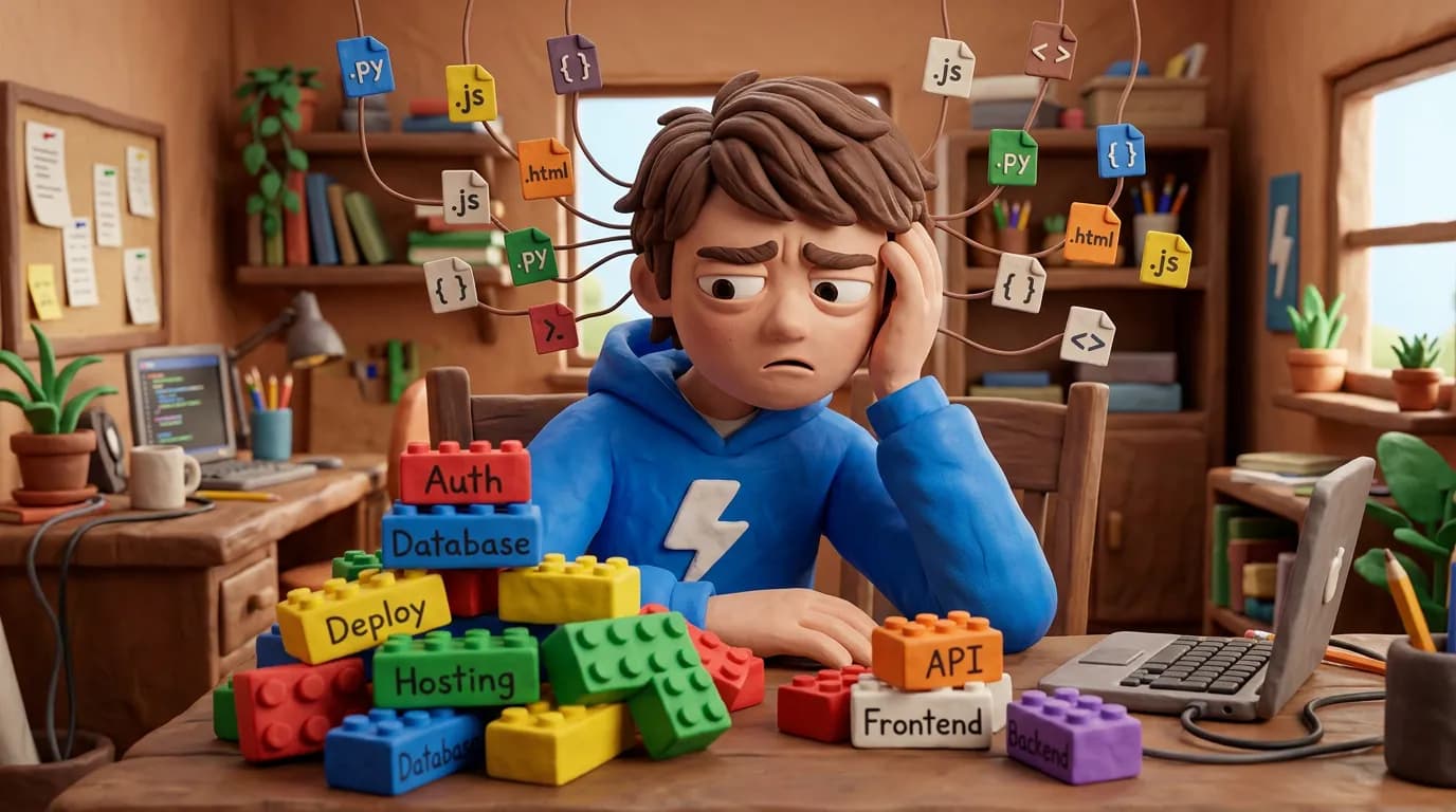Clay character looking frustrated at a fragmented tech stack with disconnected pieces