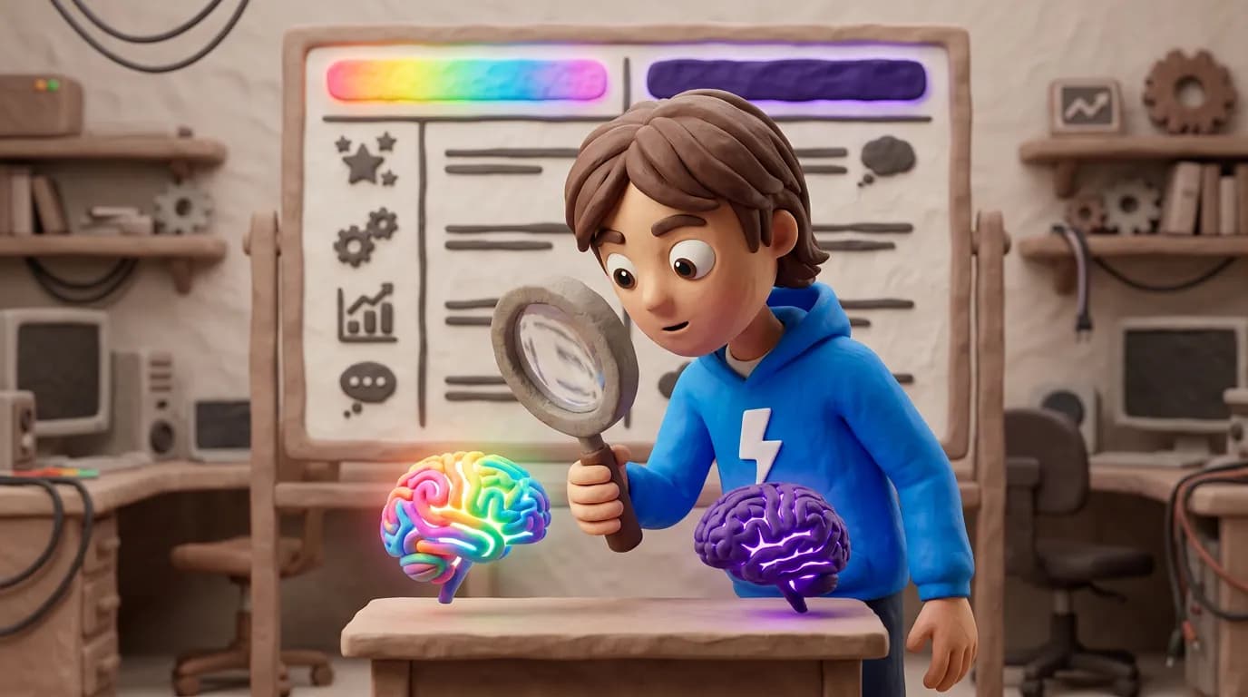Clay character examining rainbow and purple model comparison