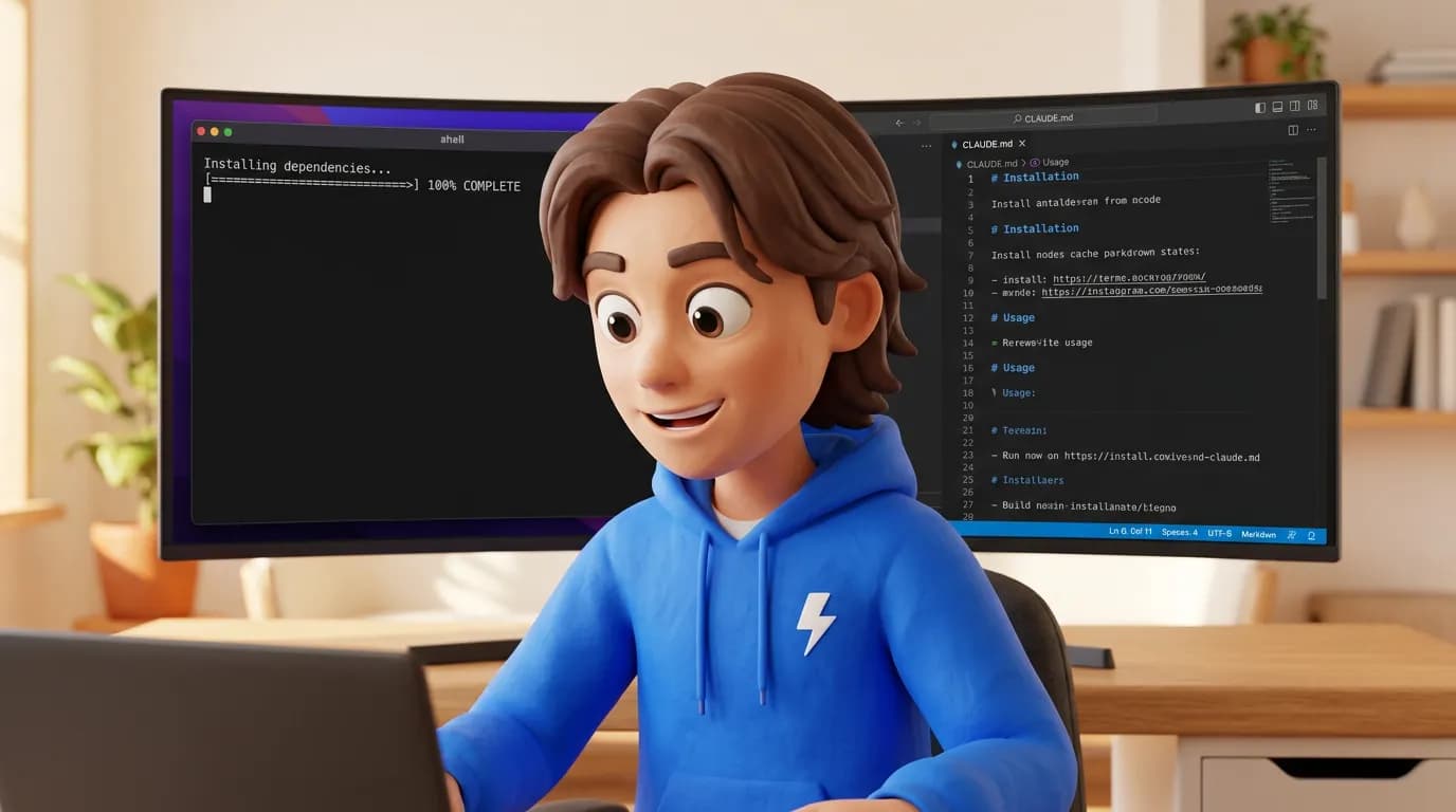 Clay character developer running Claude Code install in terminal with CLAUDE.md setup visible in editor panel