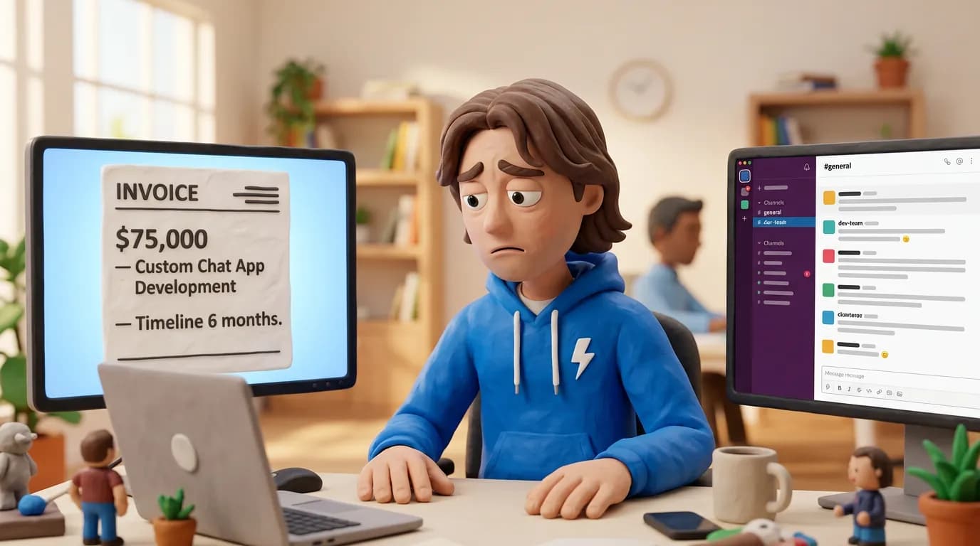 Custom chat development costs $50K–$150K and takes 6 months — AI app builders collapse that to an afternoon with no code required