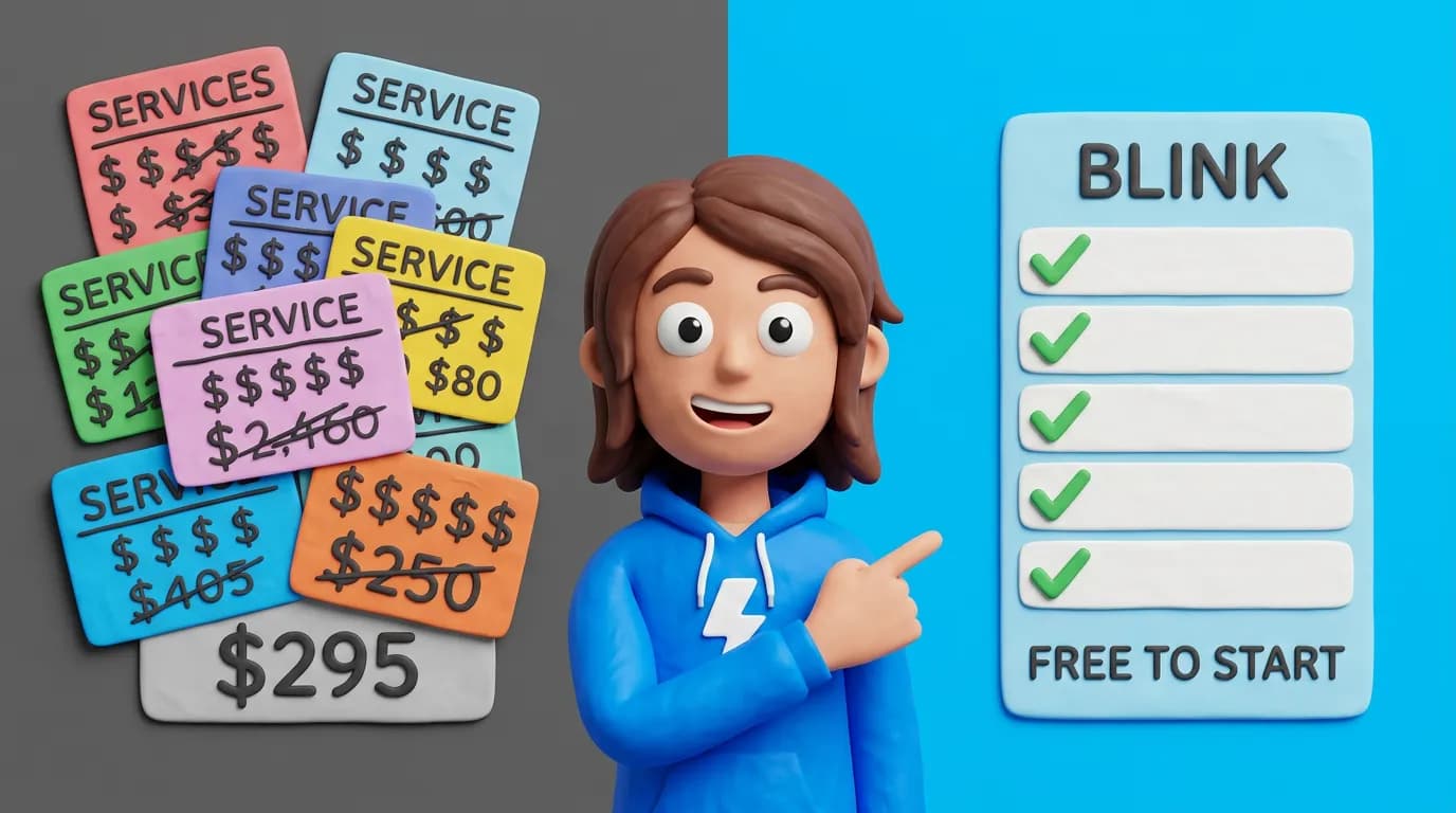 The full DIY stack at $295/mo across 12 services vs. Blink Cloud's one-account, free-to-start model