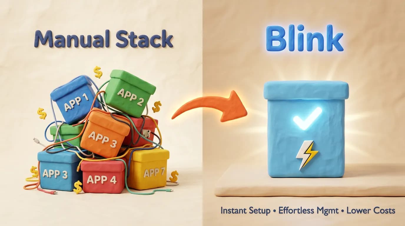 One tool vs five — Blink includes everything the manual stack spreads across separate services