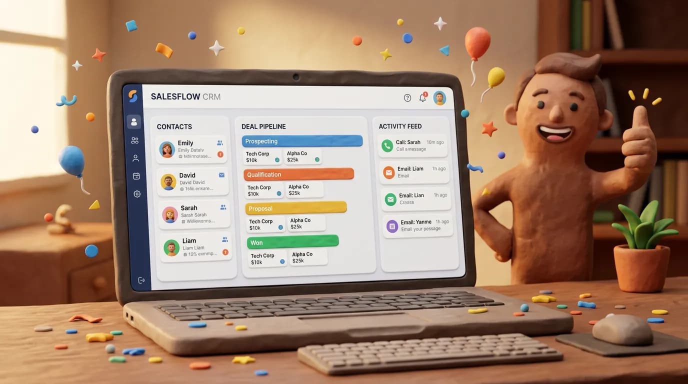 Your finished CRM — contact list, deal pipeline, and activity feed running in production