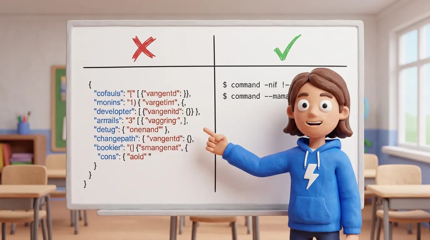 Two paths: manual JSON config with a red X vs the 2-command skills install with green checkmarks — a clay character at a whiteboard showing the old mcp.json workflow versus the skills approach