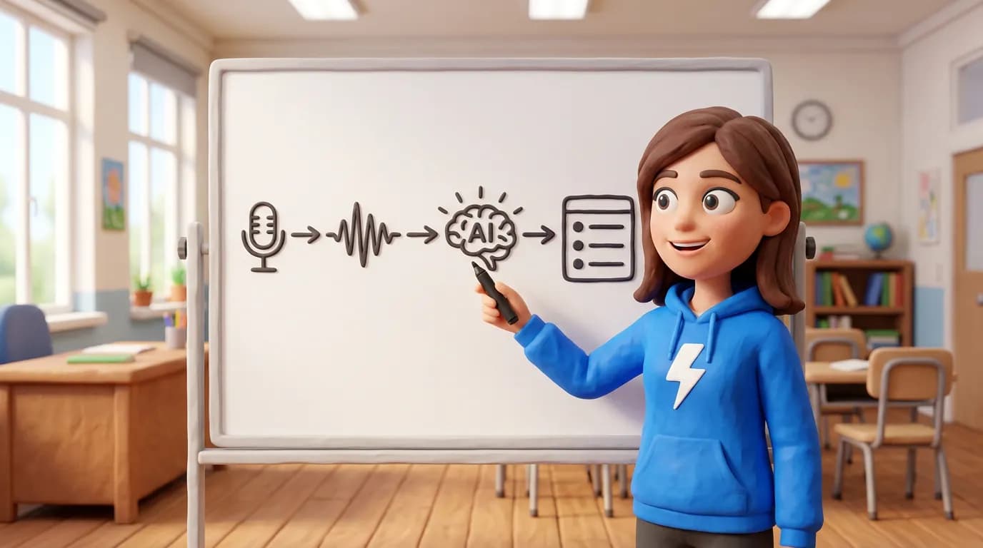 Clay character at a whiteboard pointing to a flow diagram: microphone icon → waveform → AI brain → structured journal entry with action items and theme tags