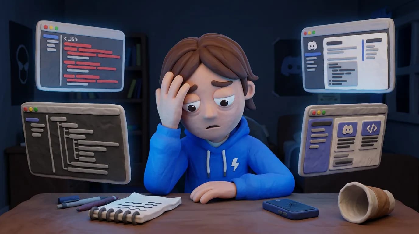 The traditional discord.js setup experience: three tabs of documentation, a bot that works locally, and a Vercel deploy that crashes every six hours