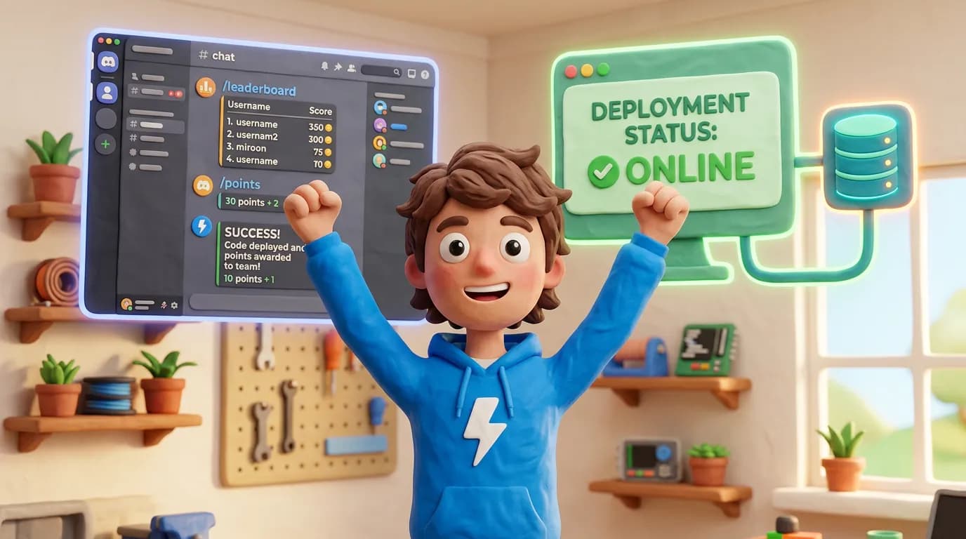 A completed Blink-built Discord bot: slash commands responding live in a server, the database connected, and the deployment showing the bot running continuously