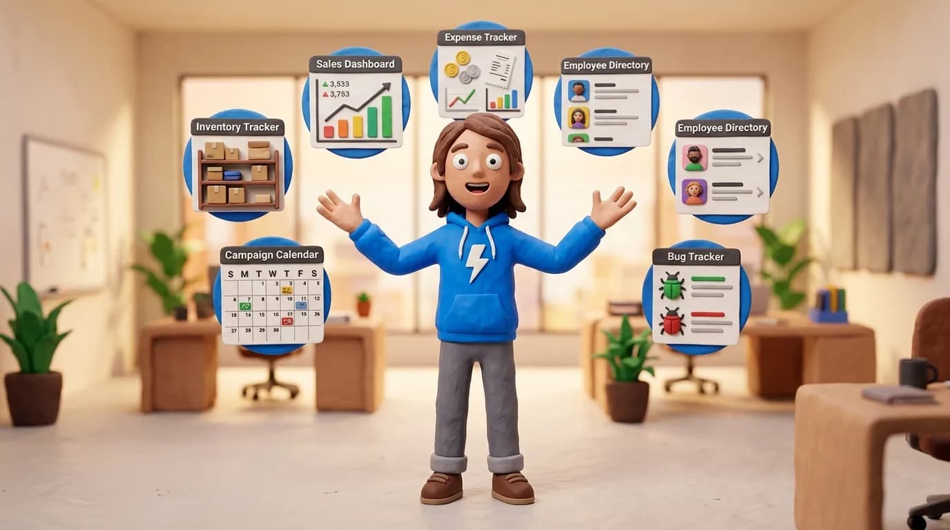 Internal tools you can build — six floating screens showing inventory tracker, sales dashboard, expense tracker, employee directory, bug tracker, and campaign calendar