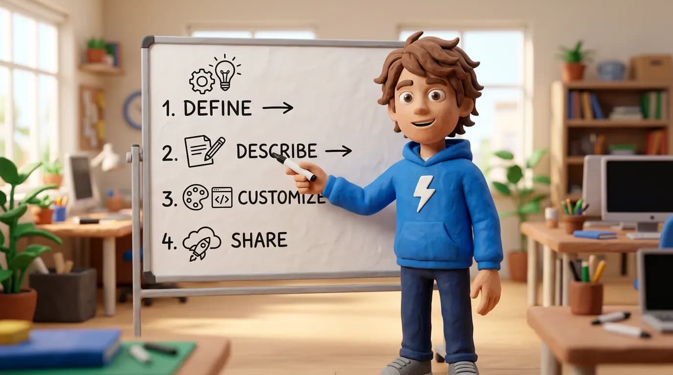 Developer at whiteboard with build steps: 1. Define, 2. Describe, 3. Customize, 4. Share