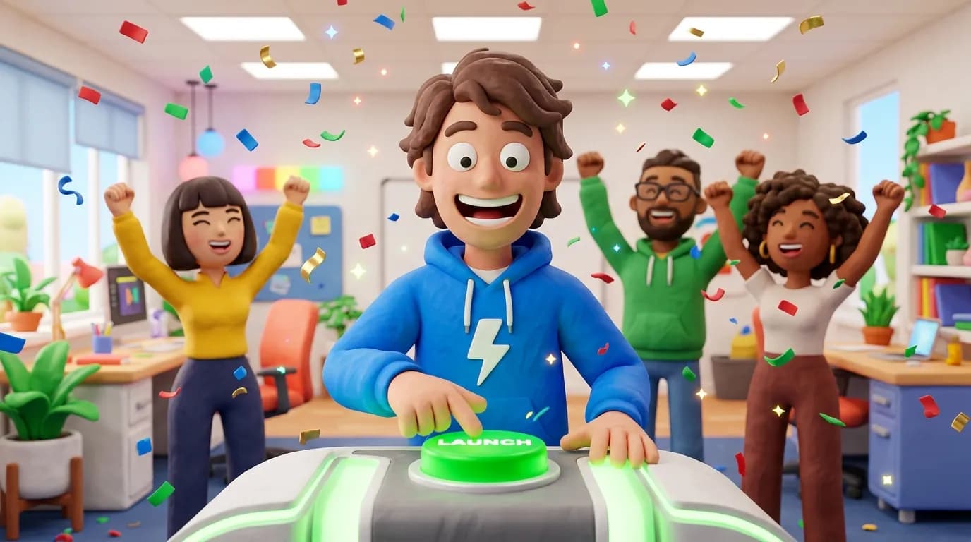 Developer and team members pressing glowing green LAUNCH button together with confetti — internal tool ready for the whole team