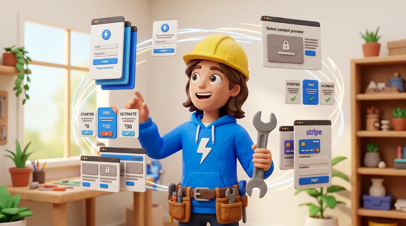 Clay character building a membership site with floating login screens, subscription cards, and payment forms assembling together around them