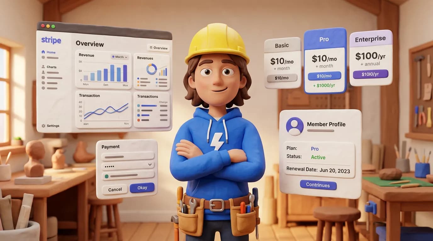 Clay character reviewing completed membership site with Stripe subscription tiers, member dashboard, and payment panels assembled around them