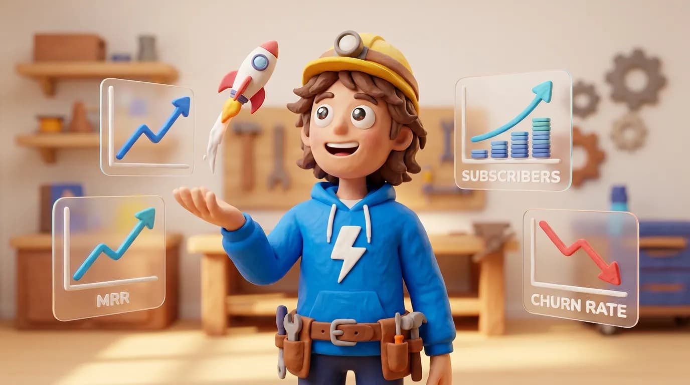 Clay character celebrating membership site growth with charts showing rising MRR, increasing subscriber count, and falling churn rate