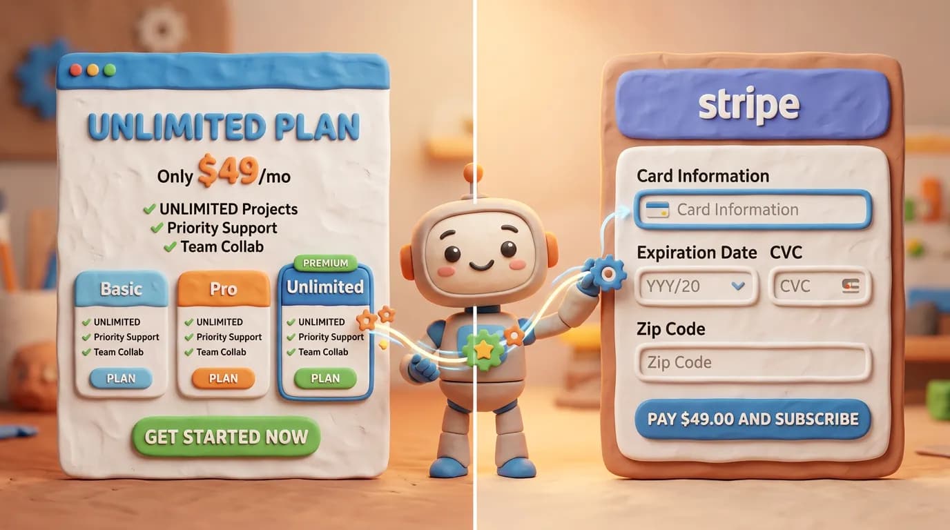 Blink generating a SaaS subscription pricing page with Stripe Checkout integration